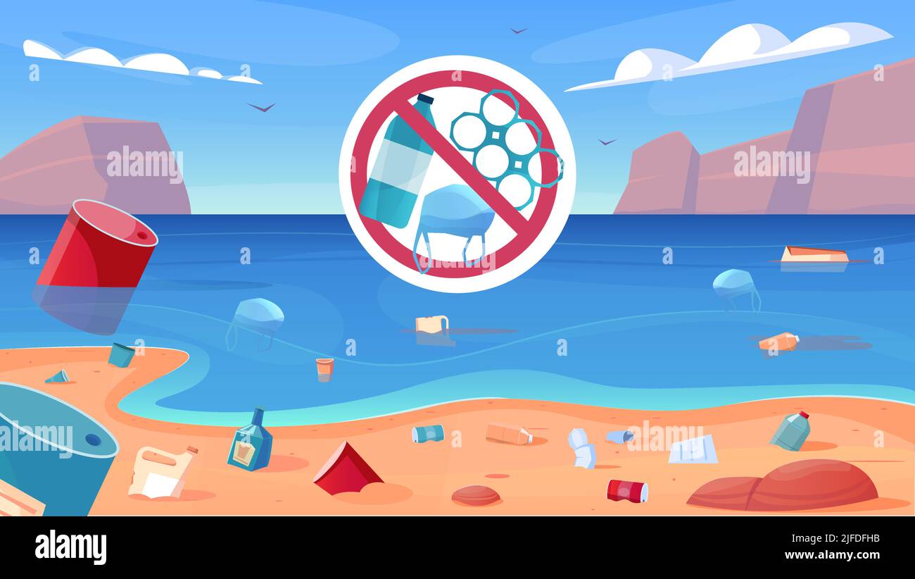 Ocean pollution flat background with plastic and other trash on sea and ...
