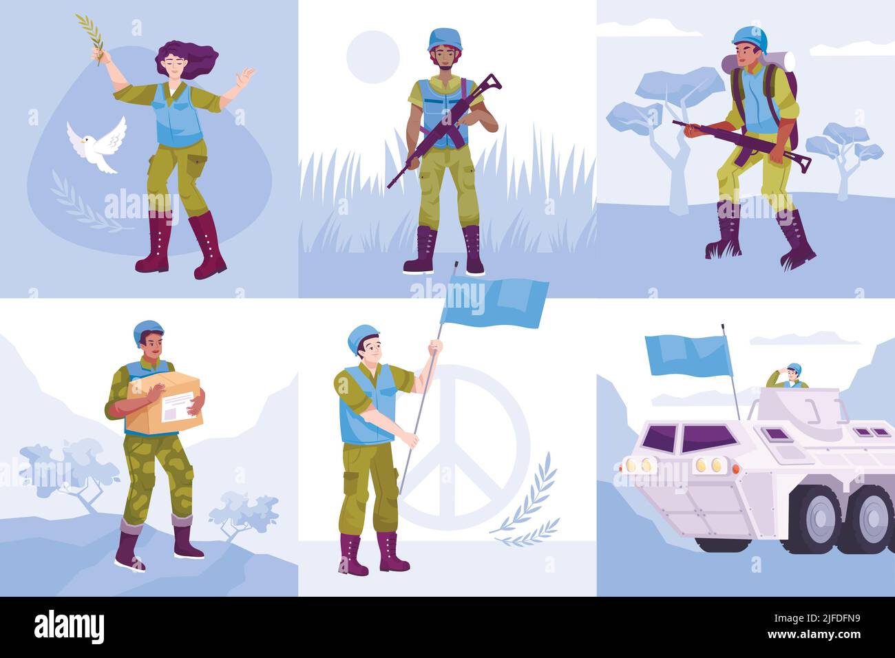 Flat peacekeepers composition icon set military people with a blue flag ...