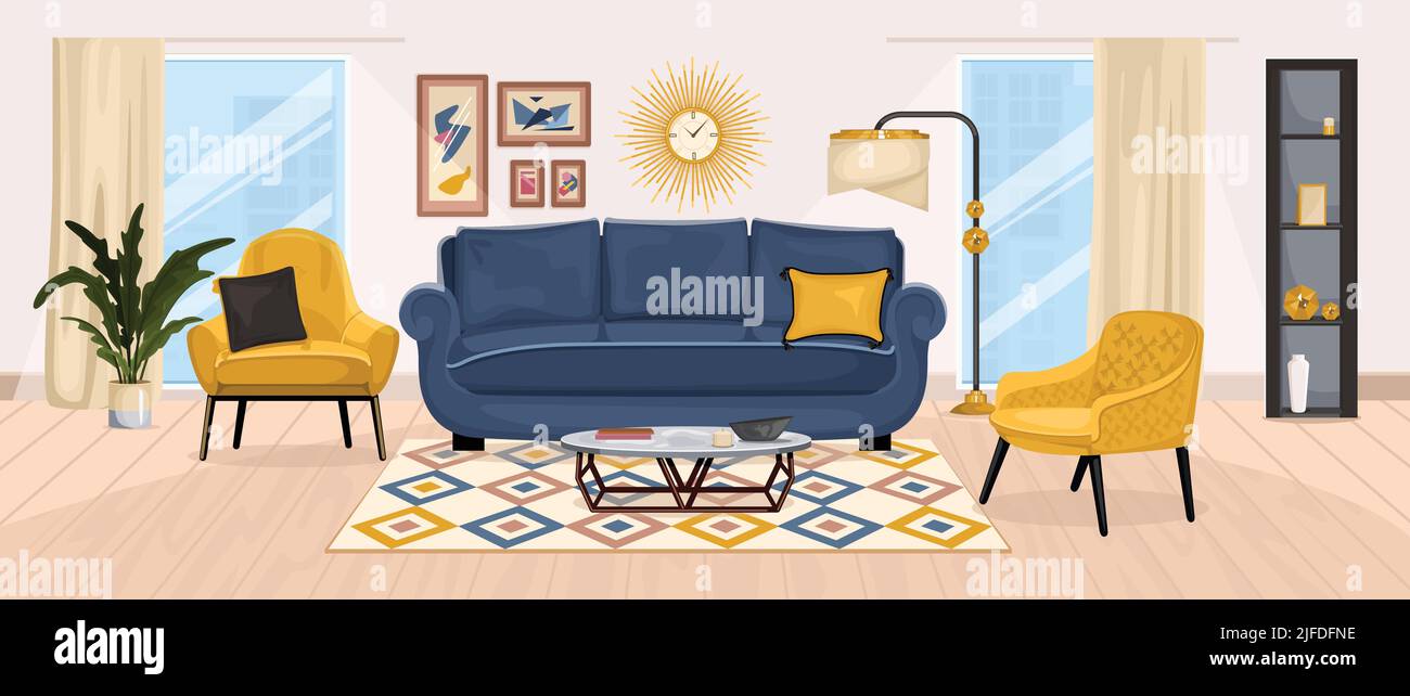 Furniture interior composition with view of living room with windows ...