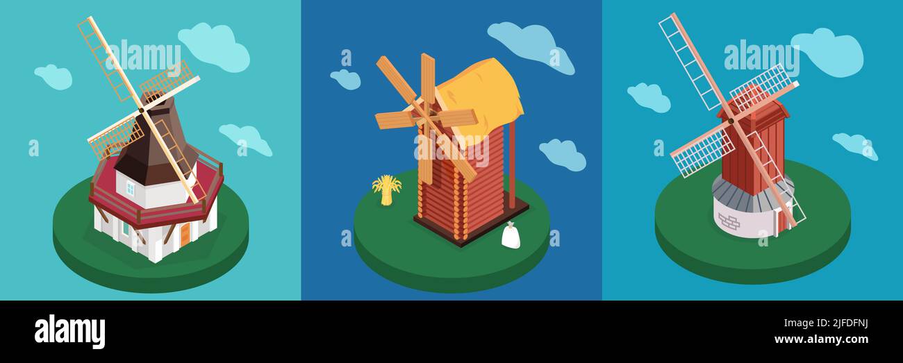 Windmills types concept 3 circular isometric images of smock tower post ...
