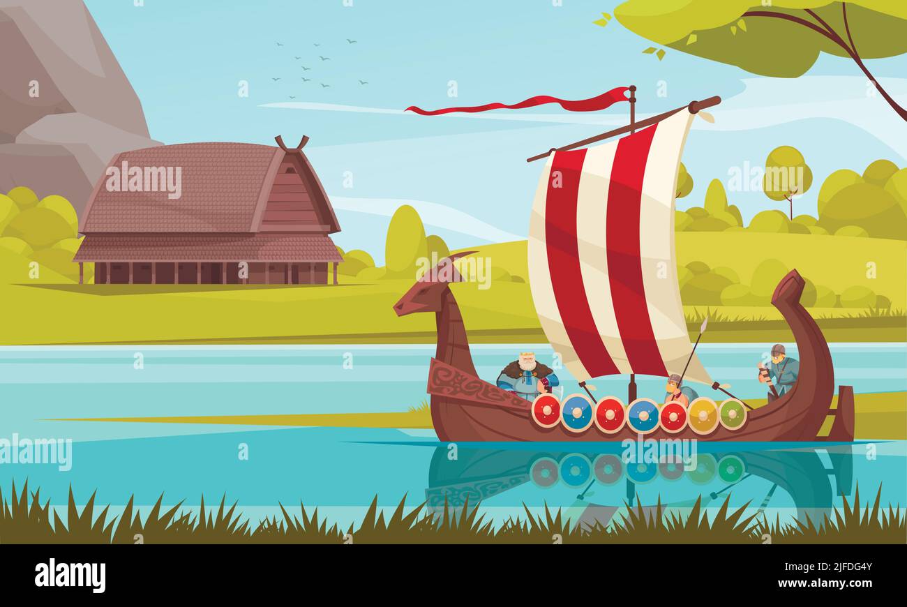 Vikings sailing in traditional wooden longship boat with rectangular ...