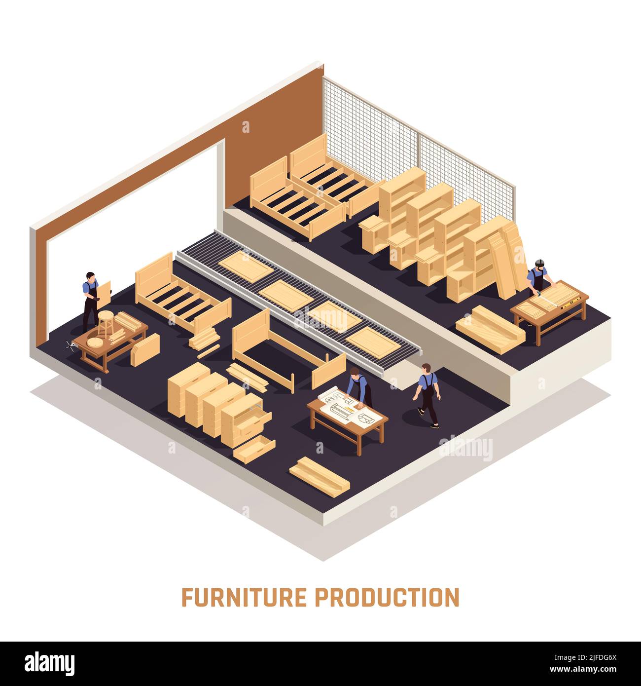 Furniture production isolated isometric concept workshop with finished furniture and lacquering ...