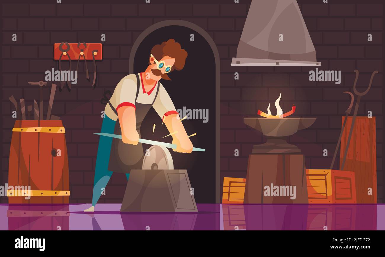 Blacksmith in workshop sharpens forged sword blade on grind stone ...