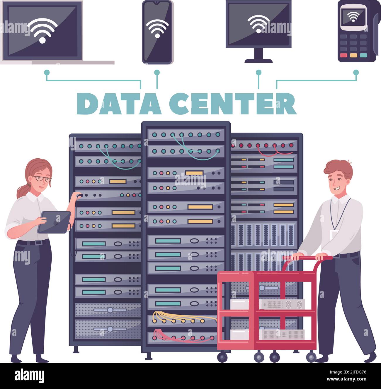 Datacenter cartoon composition with characters of man and woman working ...