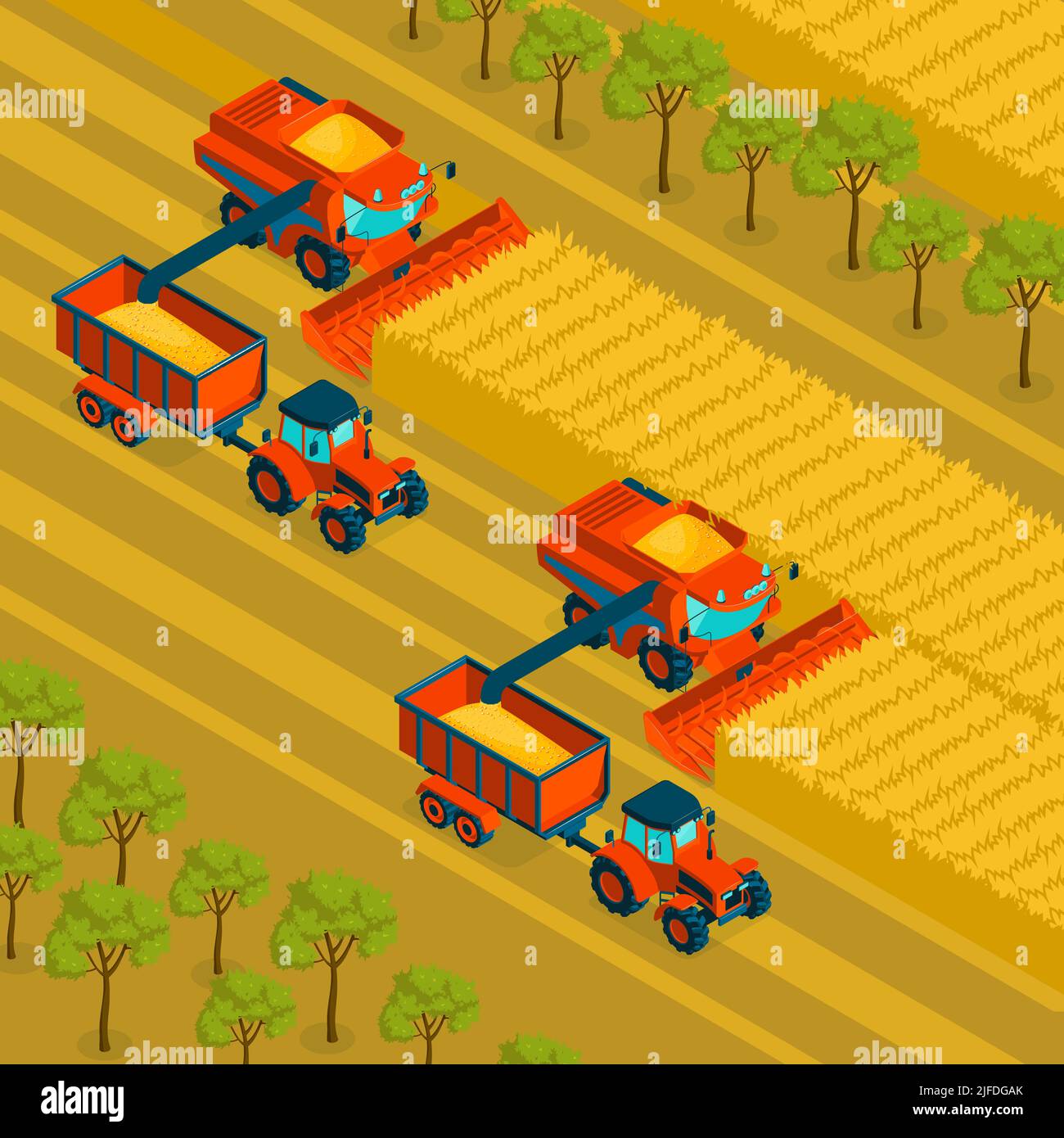 Agricultural isometric background with combine and tractor harvesting ...