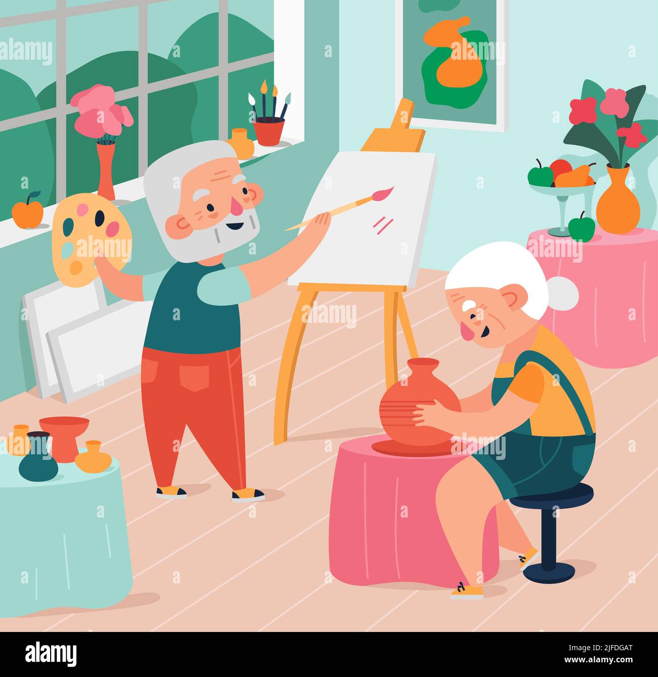 Elderly people are engaged in creative actions, draw and sculpt in the ...