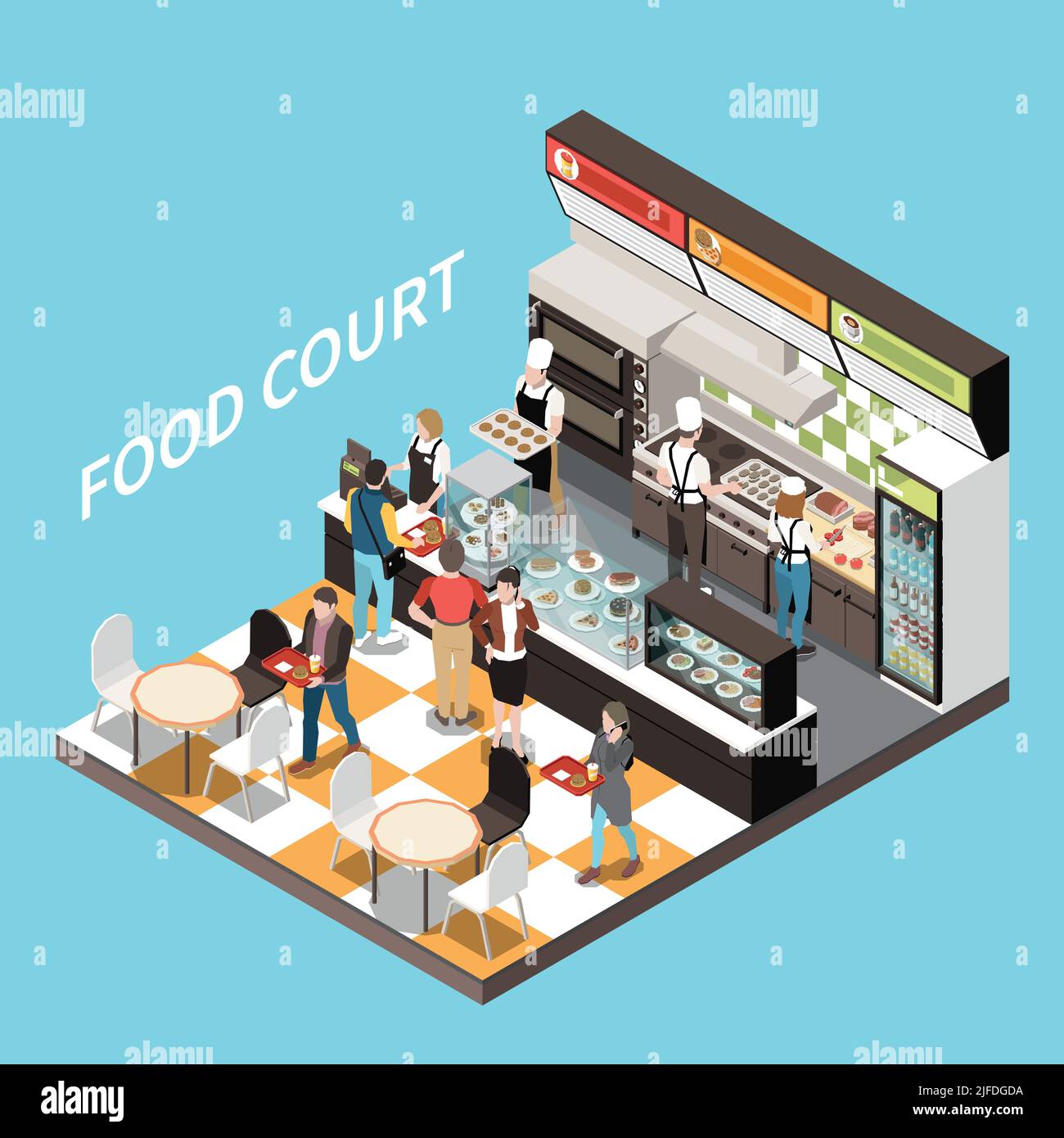 Food court coffee bar isometric view desserts display checkout counter ...
