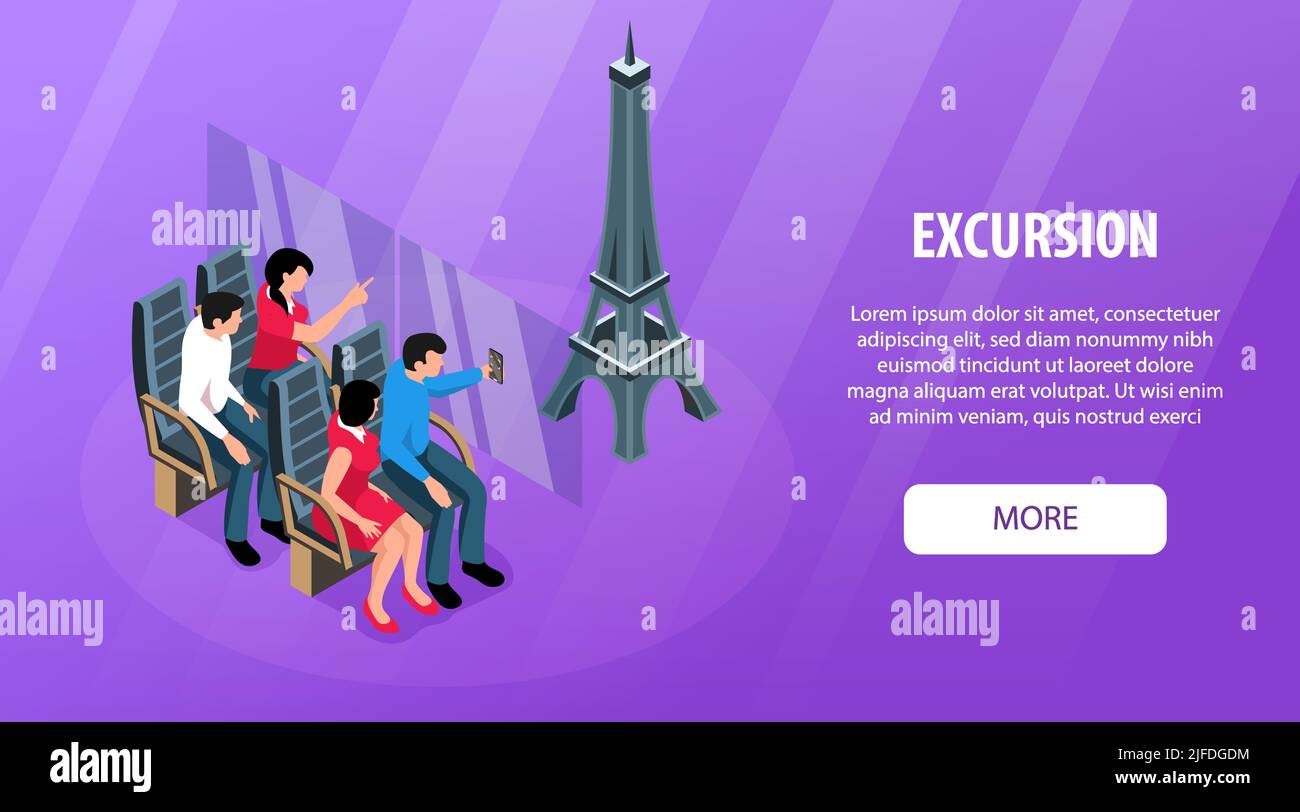 Excursion horizontal banner with passengers sitting in tour bus and ...