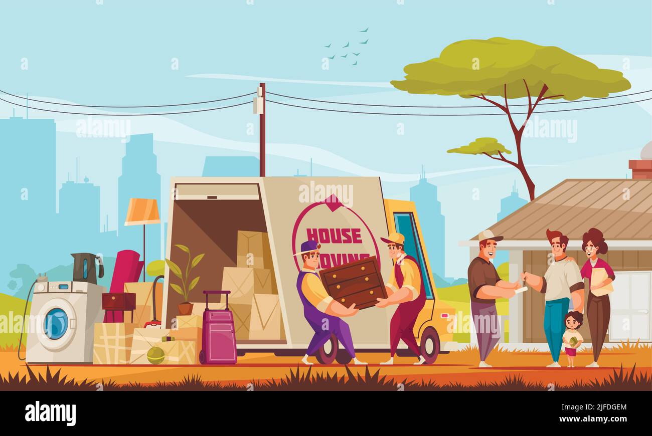 Family moving into new house outdoor cartoon composition with furniture ...