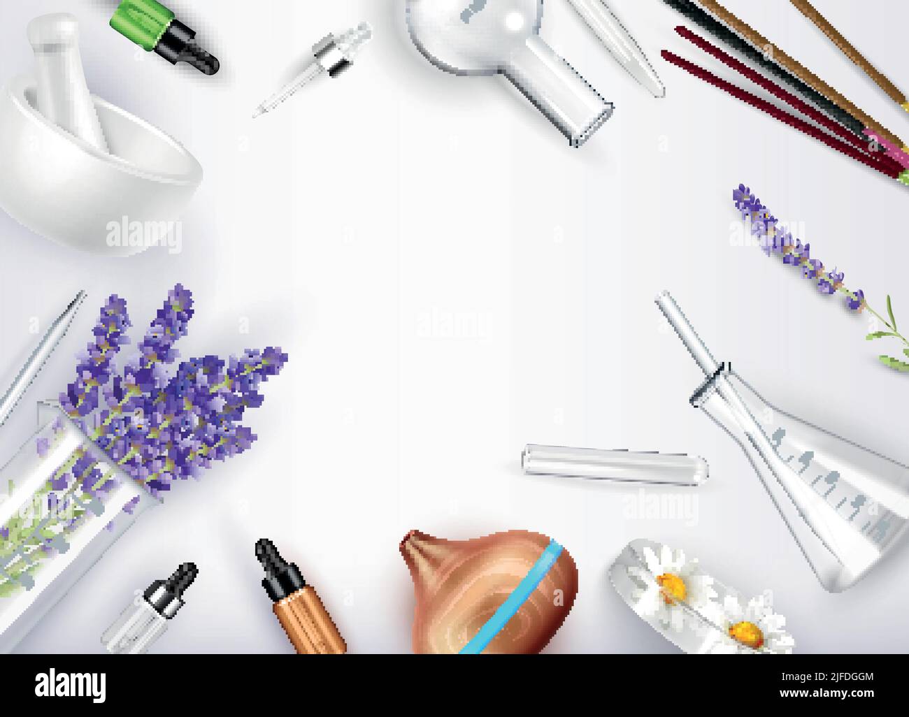 Aromatherapy realistic background with aroma lamp glass flasks flowers ...