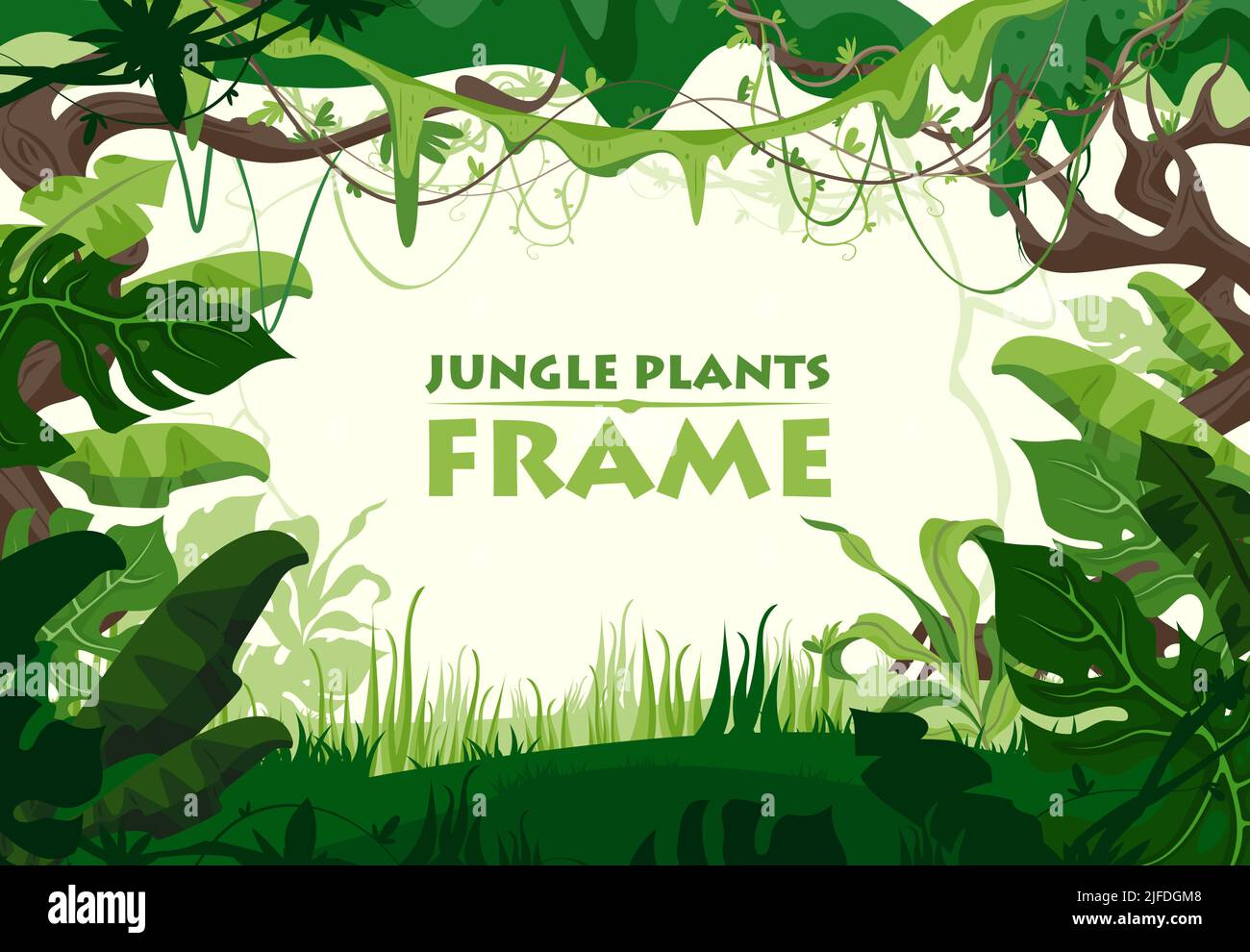 Green jungle plants frame with inscription in the middle flat vector ...