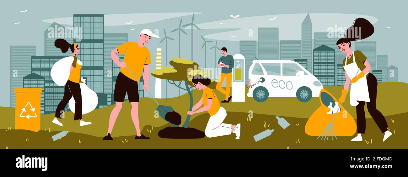 Volunteers caring for ecology collecting garbage in city area planting ...