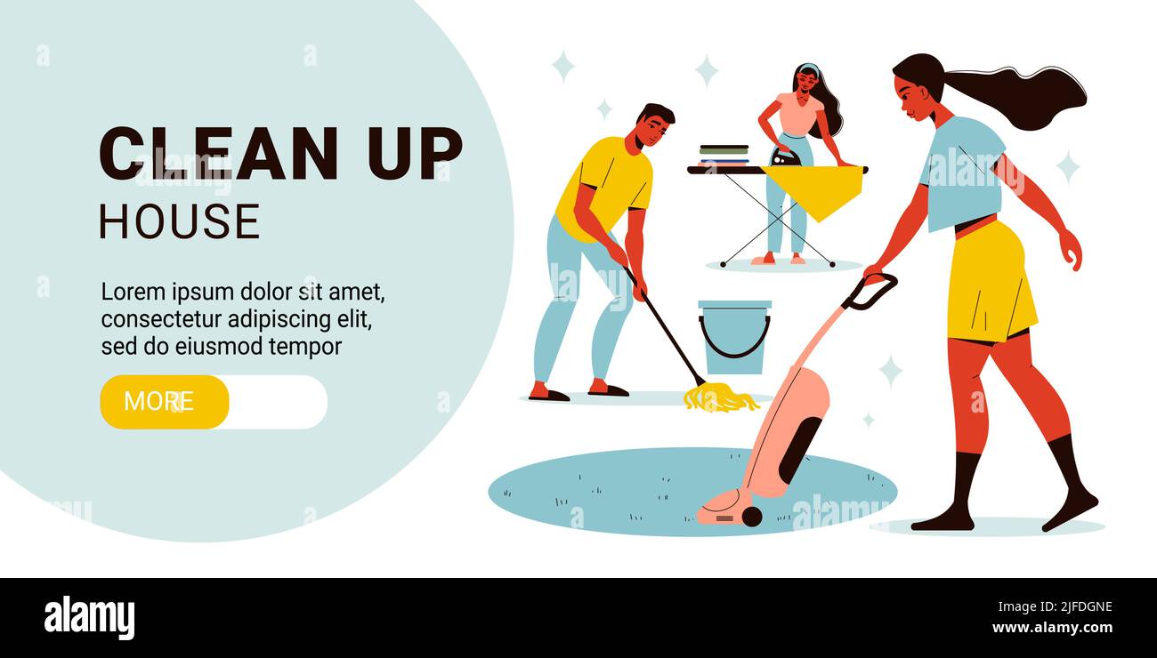 Flat clean up horizontal banner landing page with people doing various ...