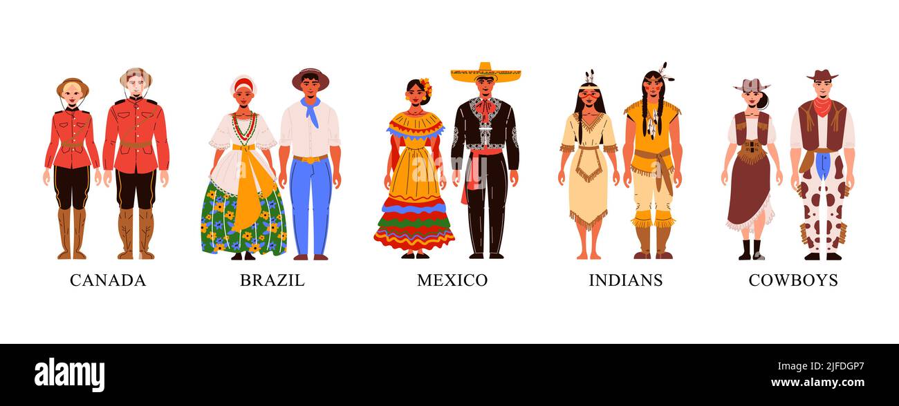 Flat characters from american countries in their national clothes icons ...