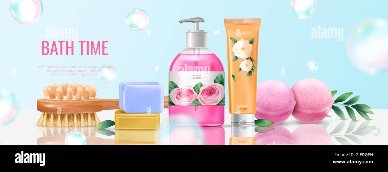 Bath wash design poster with soap and comb realistic vector ...