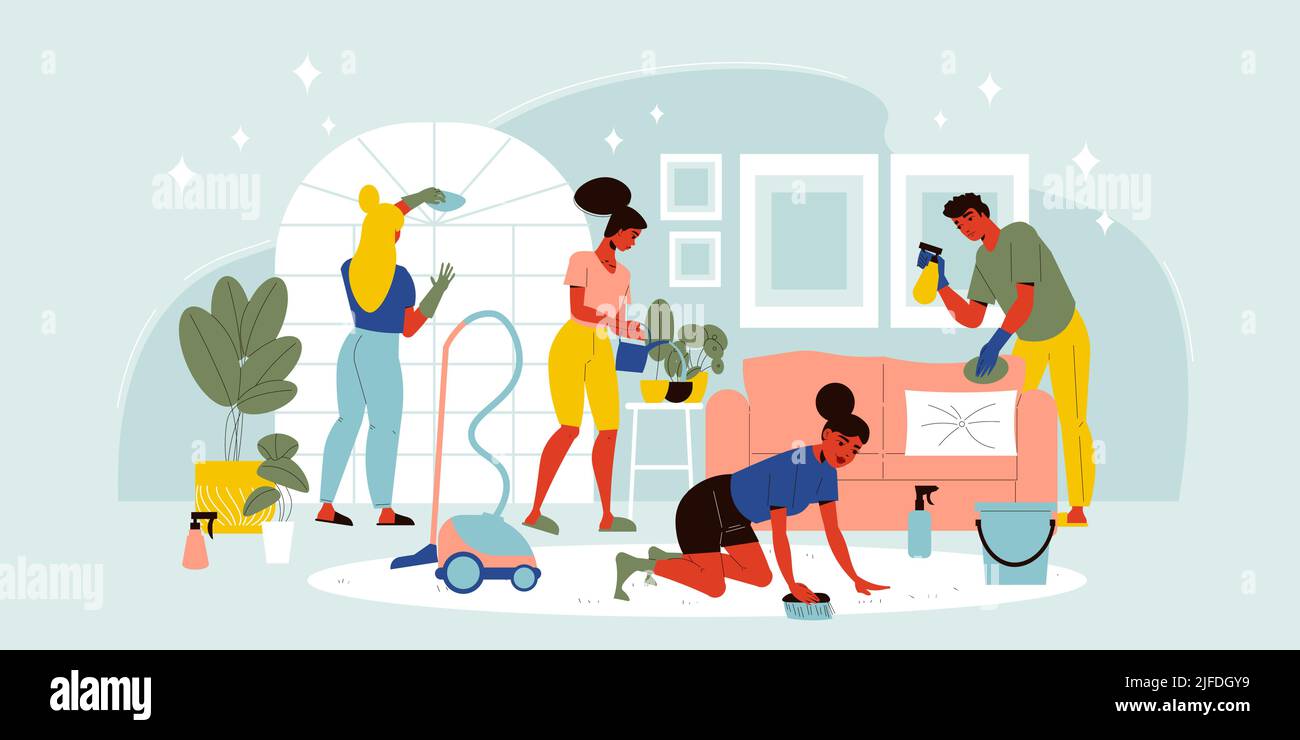 Four people cleaning up living room with vacuum cleaner brush cloth and ...