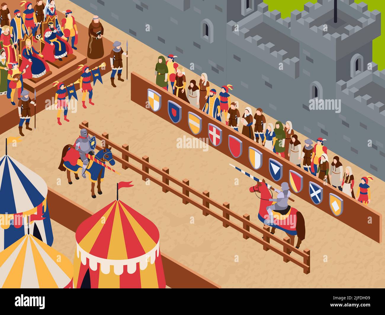 Medieval characters isometric composition with knight torunament ...