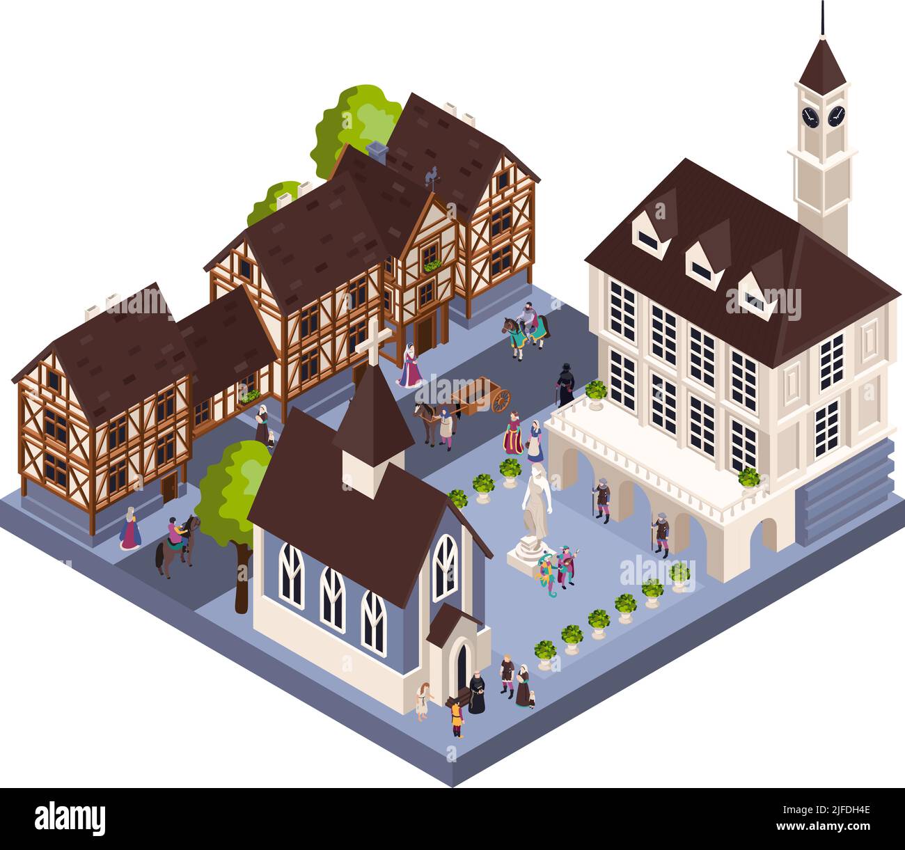 Medieval town architecture isometric concept with tower church and ...