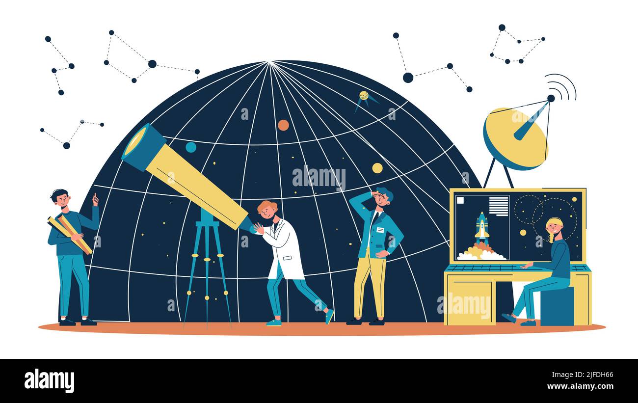 Flat astronomy composition astronomer and scientists work at the space ...