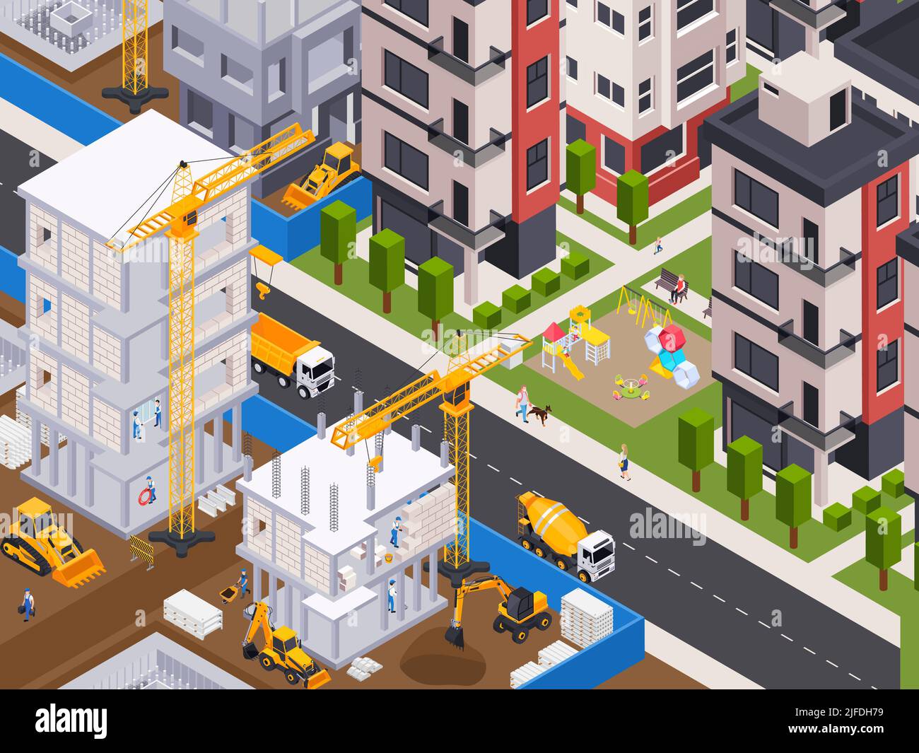 Construction in city background with construction machines and ...