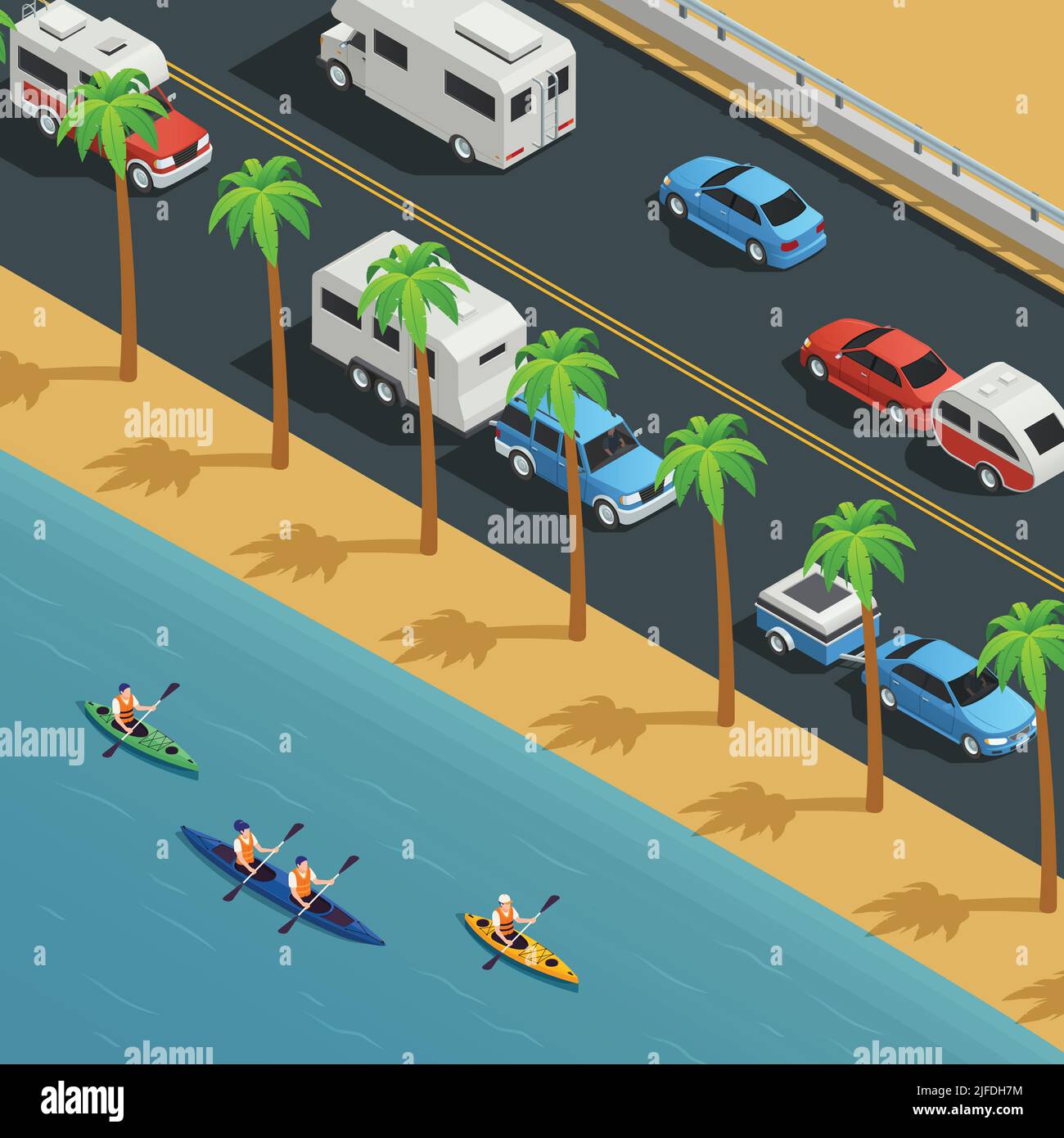 Touring sea kayaking rafting coastal paddling resort isometric ...