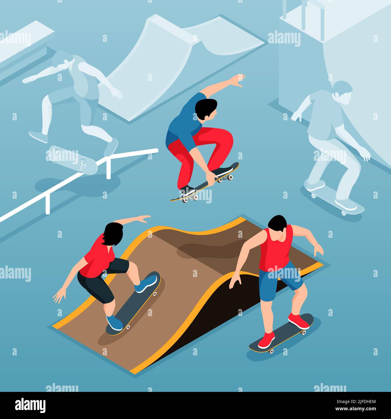 Skate park isometric background with teens training on skateboards ...