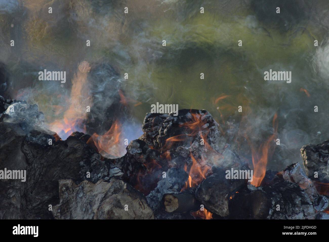 Wooden logs burning in a barbecue Stock Photo - Alamy