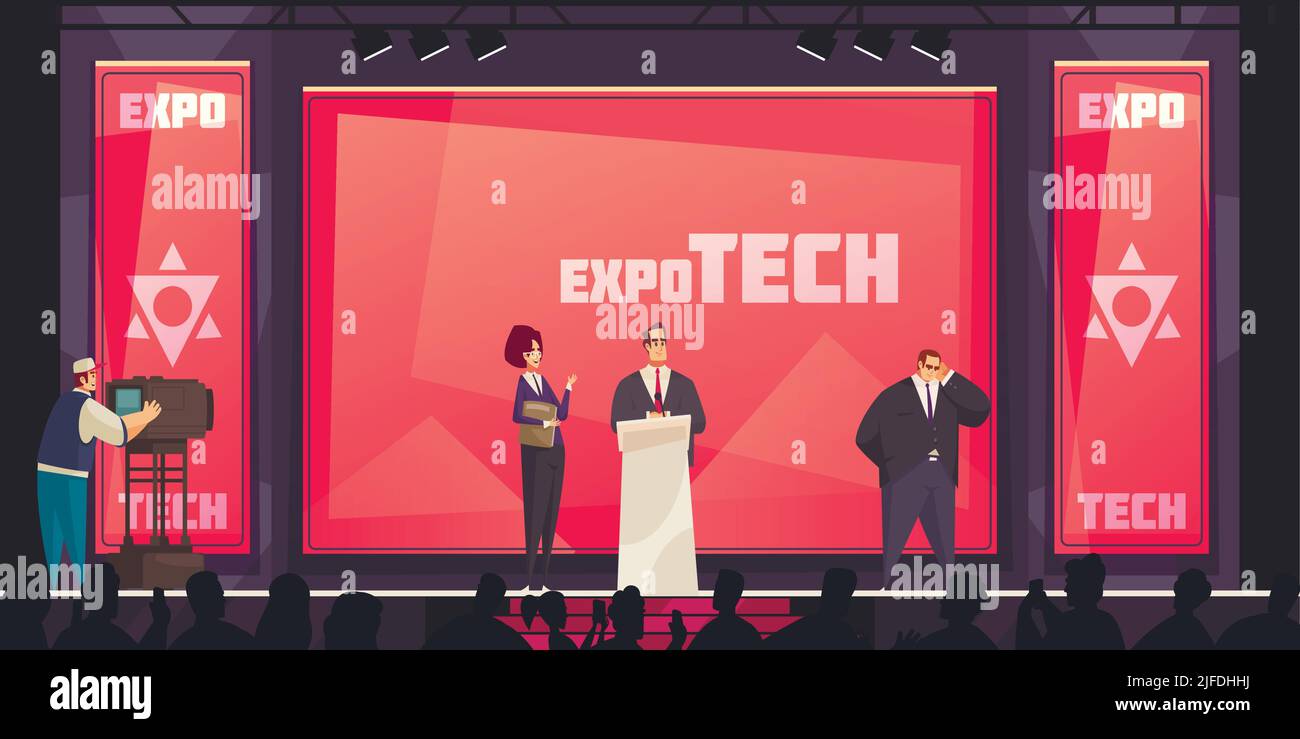Conference hall background with expo tech presentation symbols flat ...