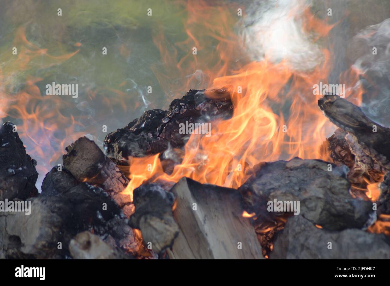 Wooden logs in a bonfire burning outdoor Stock Photo - Alamy