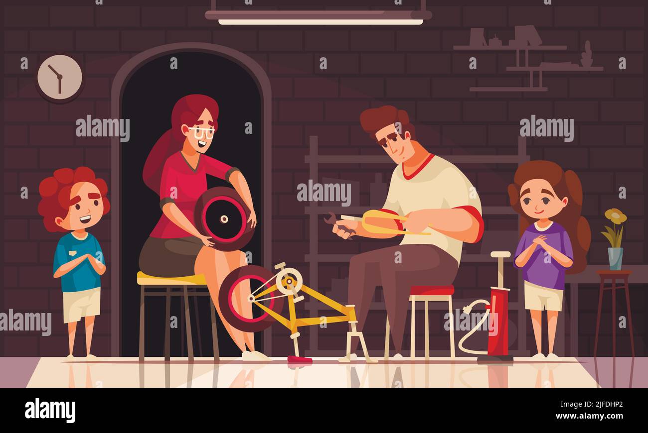 Cycle family background design with repair symbols flat vector ...
