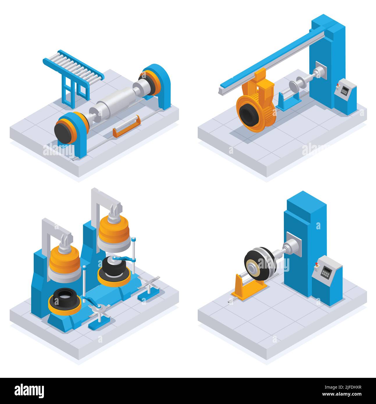 Tire production service isometric colored icon set four different tire ...