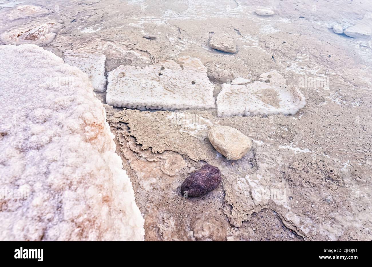Sand and stones covered with crystalline salt crust on shore of Dead Sea - typical scenery at ...