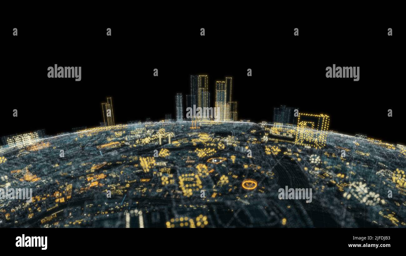 Spectacular aerial view of 3d city with bright glowing roads Stock ...