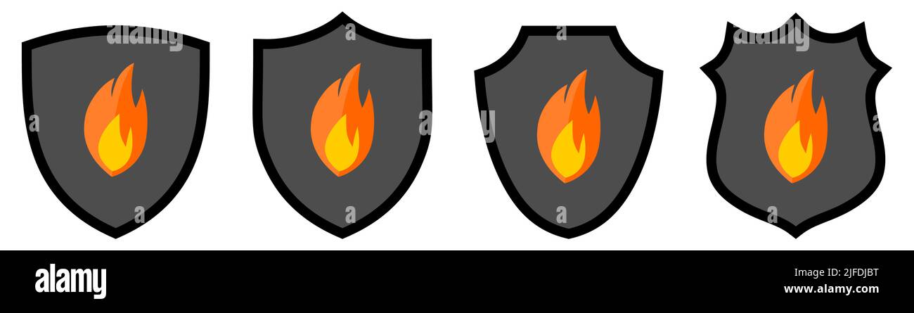 Orange flame icon inside shield, different versions. Protection from ...
