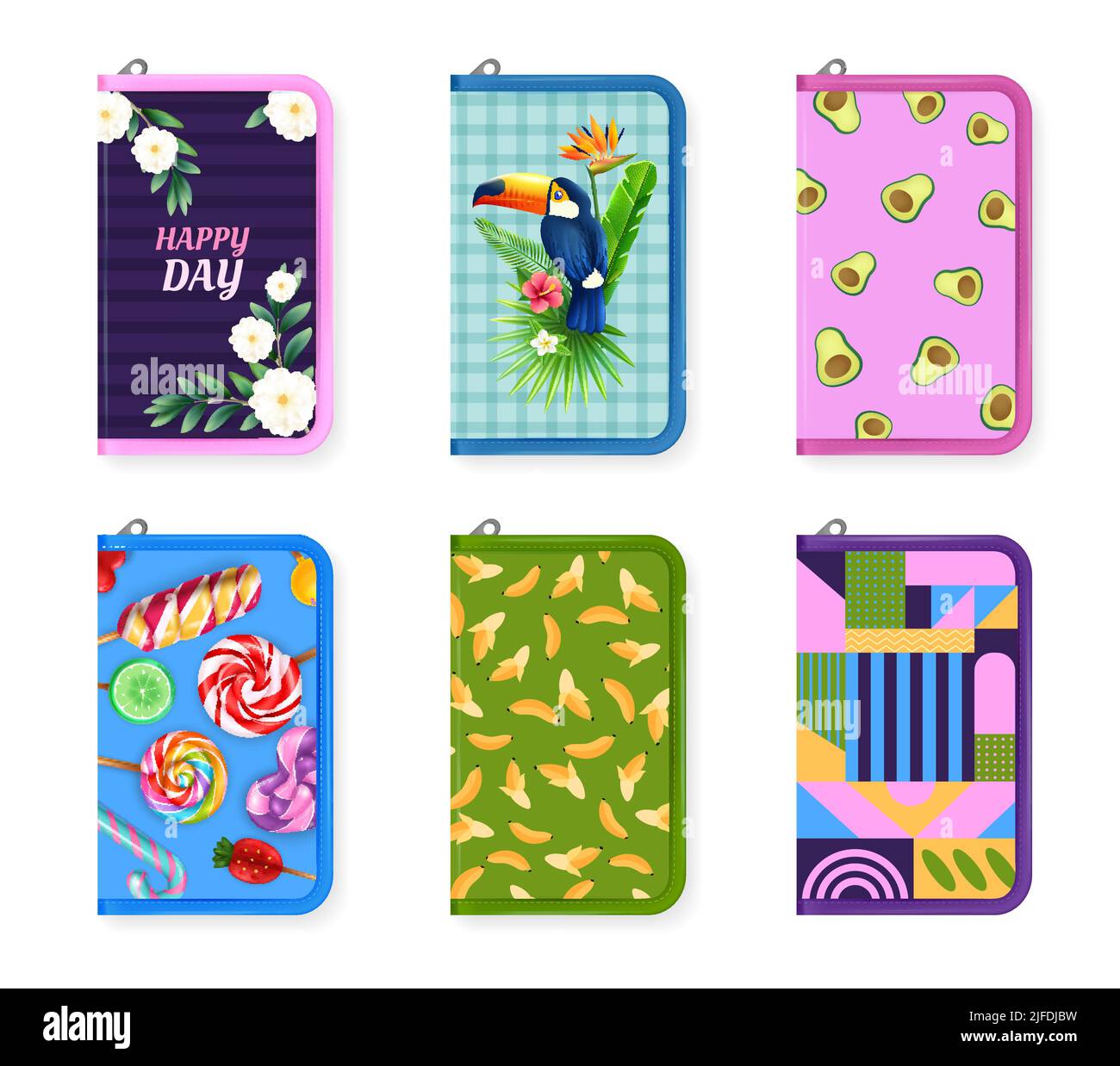Closed colorful school pencil cases with various design and print ...
