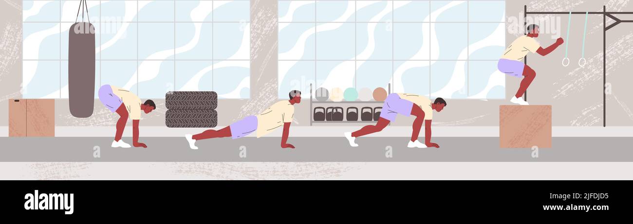 Man doing a burpee exercise. Endurance training. Step by step ...