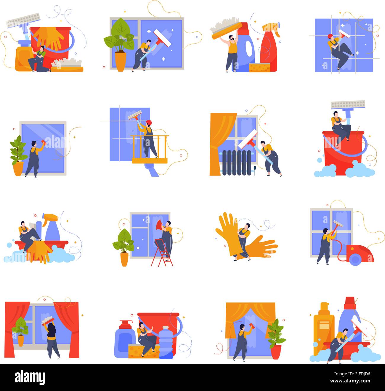 Set of isolated windows cleaning icons and flat images of service ...