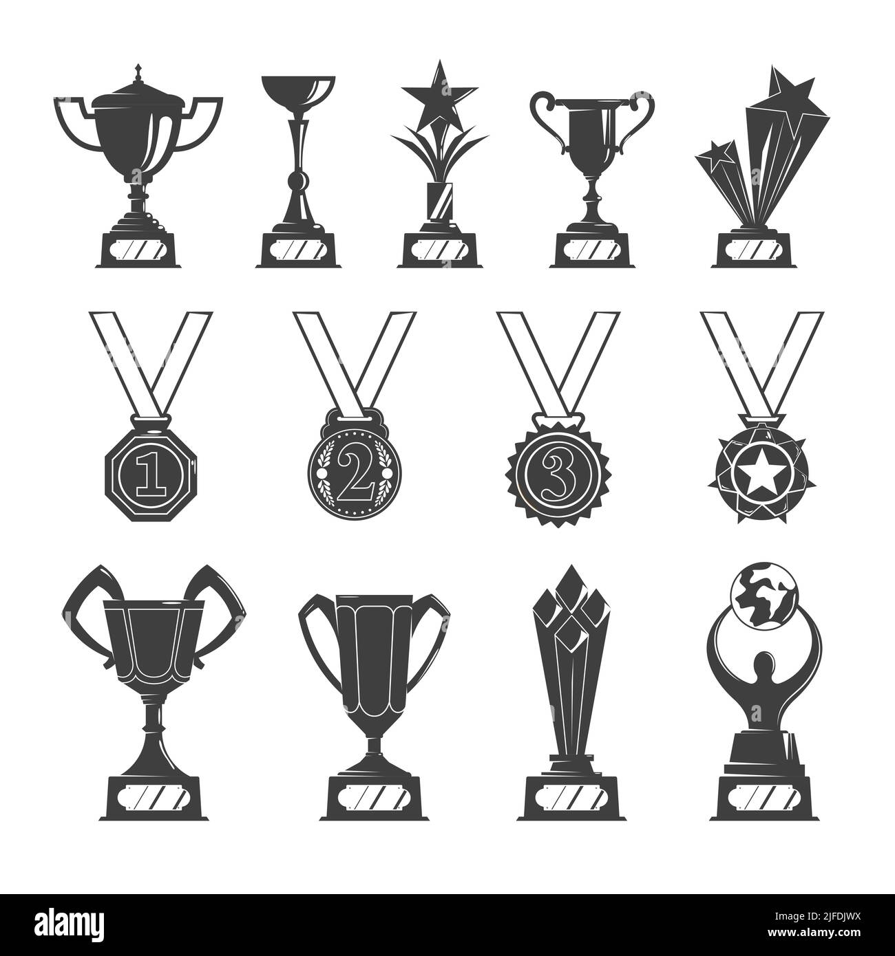Set of cup medals reward monochrome icons with isolated images of ...