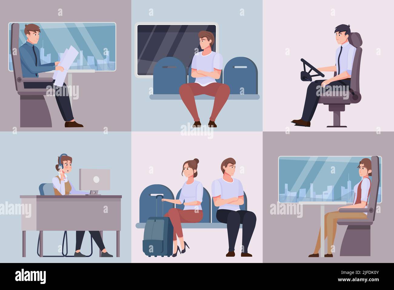 Public transport six square compositions set of dispatcher bus driver ...