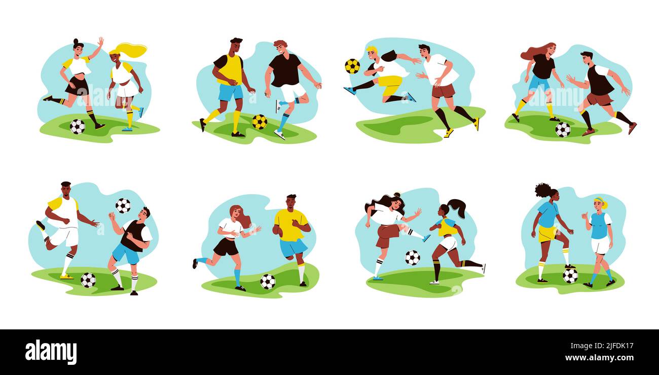 Flat compositions set with male and female players during football ...