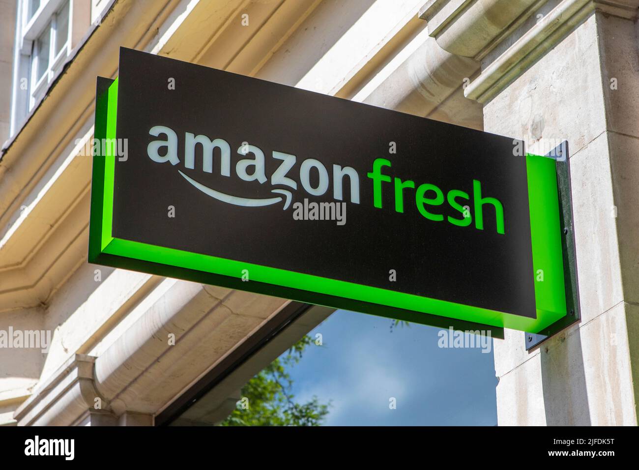 London, UK - May 5th 2022: Sign above the entrance to an Amazon Fresh ...