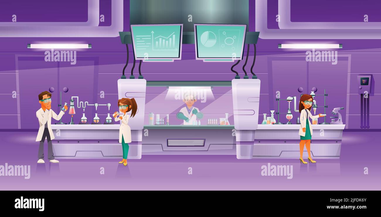 Scientists cartoon composition three scientists in a laboratory ...