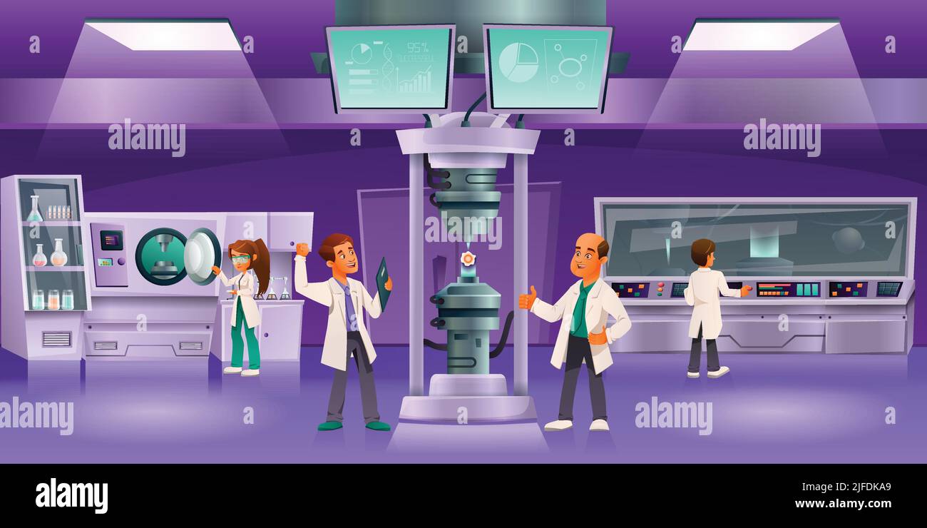 Cartoon colored scientists composition employees conduct experiments ...