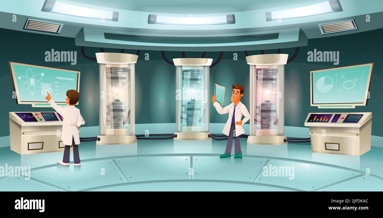 Colored cartoon scientists composition two male scientists conduct ...