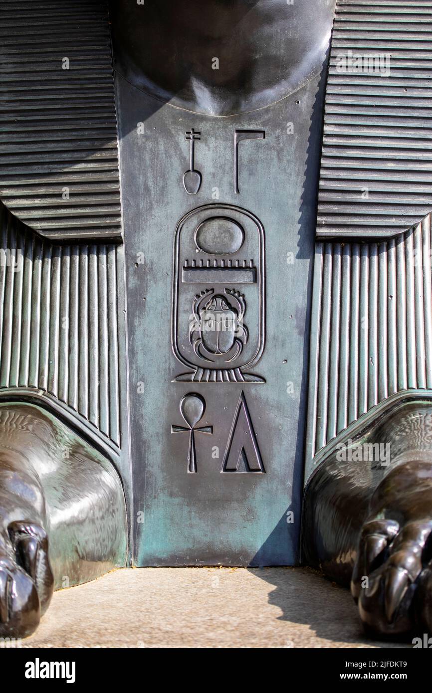 Close-up of Hieroglyphs on an Egyptian Sphinx that sits beside ...