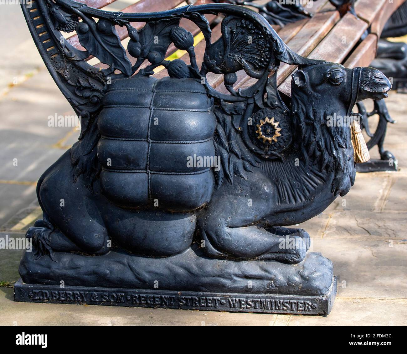 One of the ornate Egyptian Camel benches which face the River Thames on ...