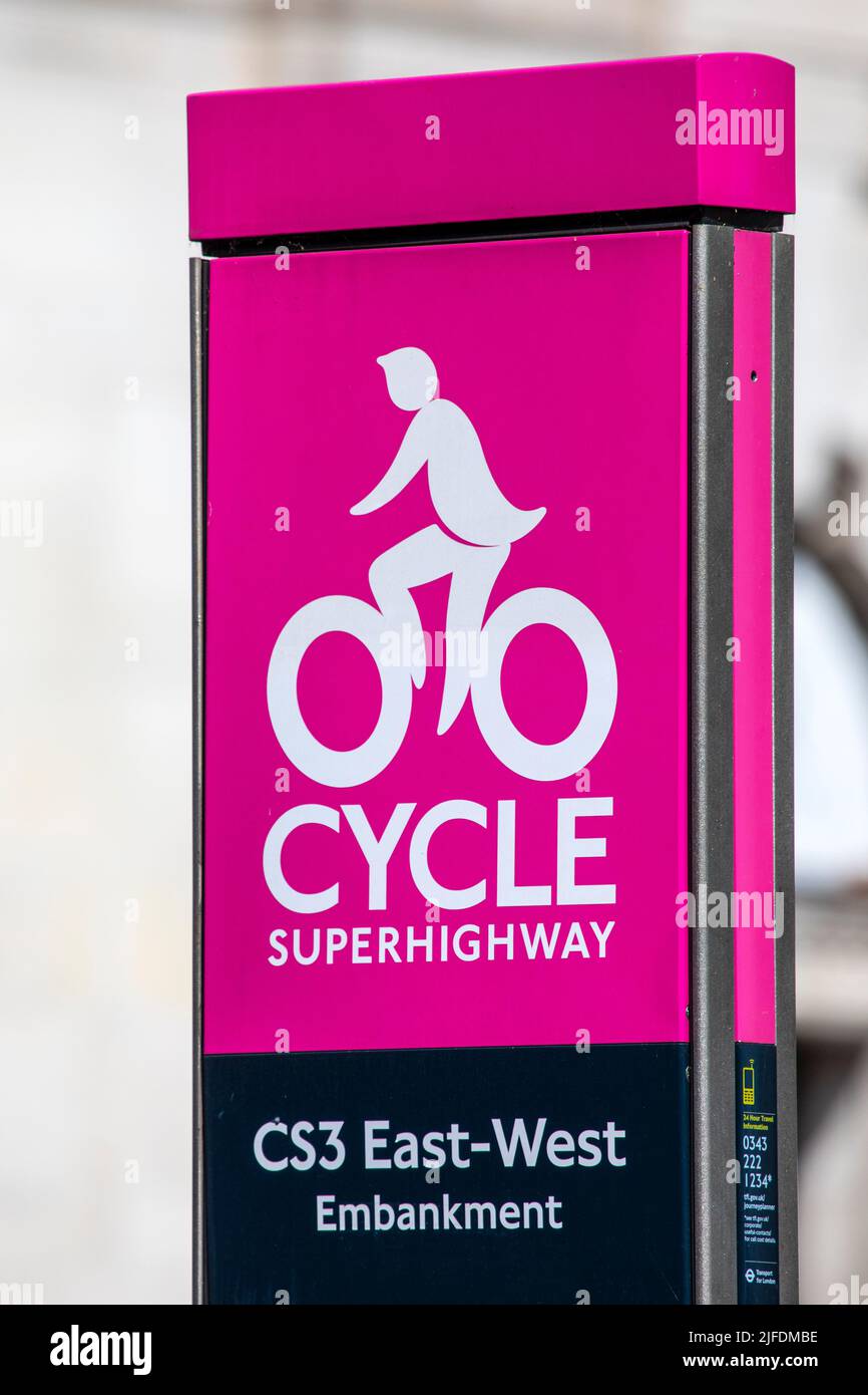 London, UK - April 20th 2022: A sign on the East-West Embankment ...