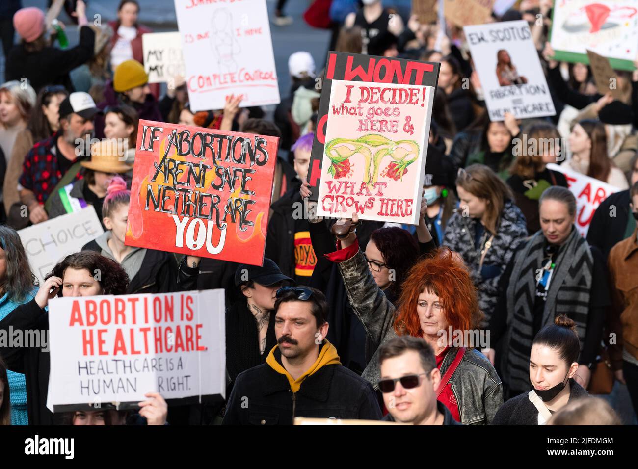 Melbourne, Australia, 2 July, 2022. Pro-choice demonstrators with a ...