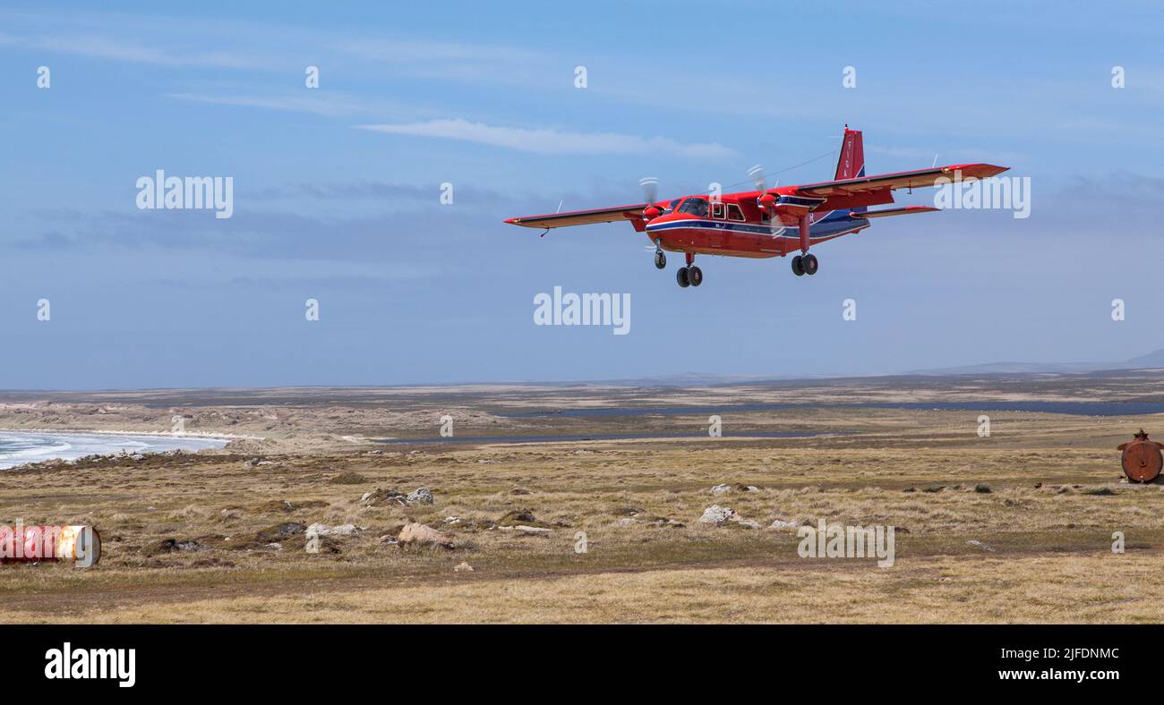 FIGAS aircraft coming in to land on Pebble Island, Falkland Islands ...