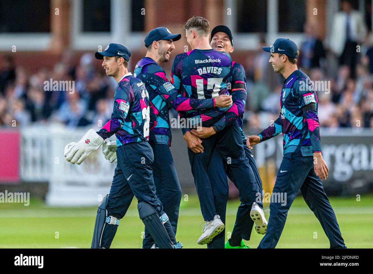 London, UK. 01th Jul, 2022. Jack Davies of Middlesex (centre ...